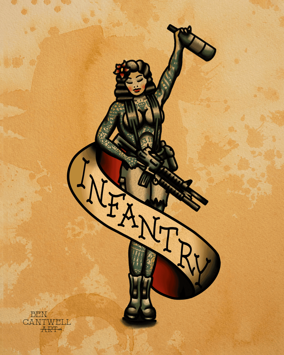 Infantry Pin up with m4 m203 and bottle – Ben Cantwell Art