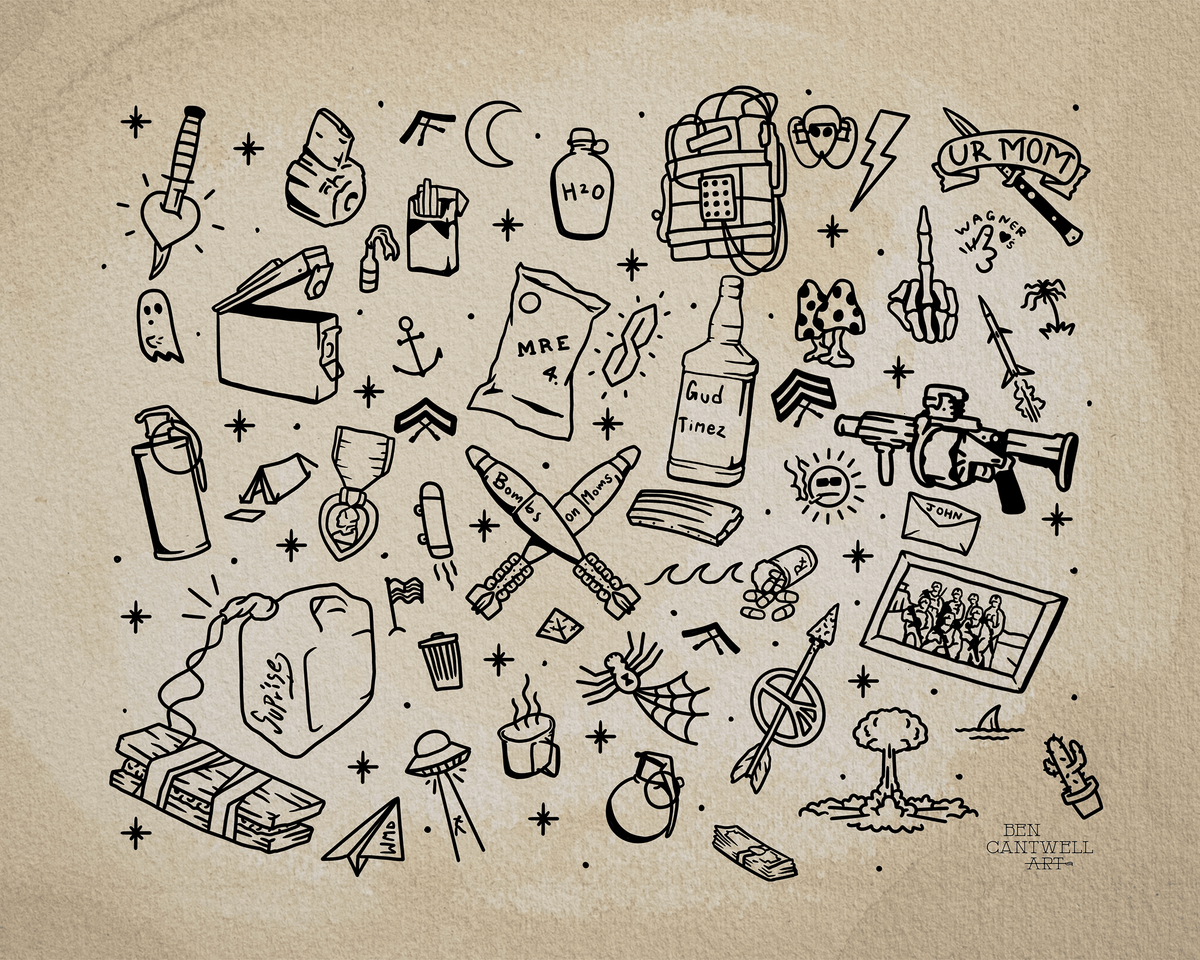 GWOT Flash Stick and poke tattoo flash sheet – Ben Cantwell Art
